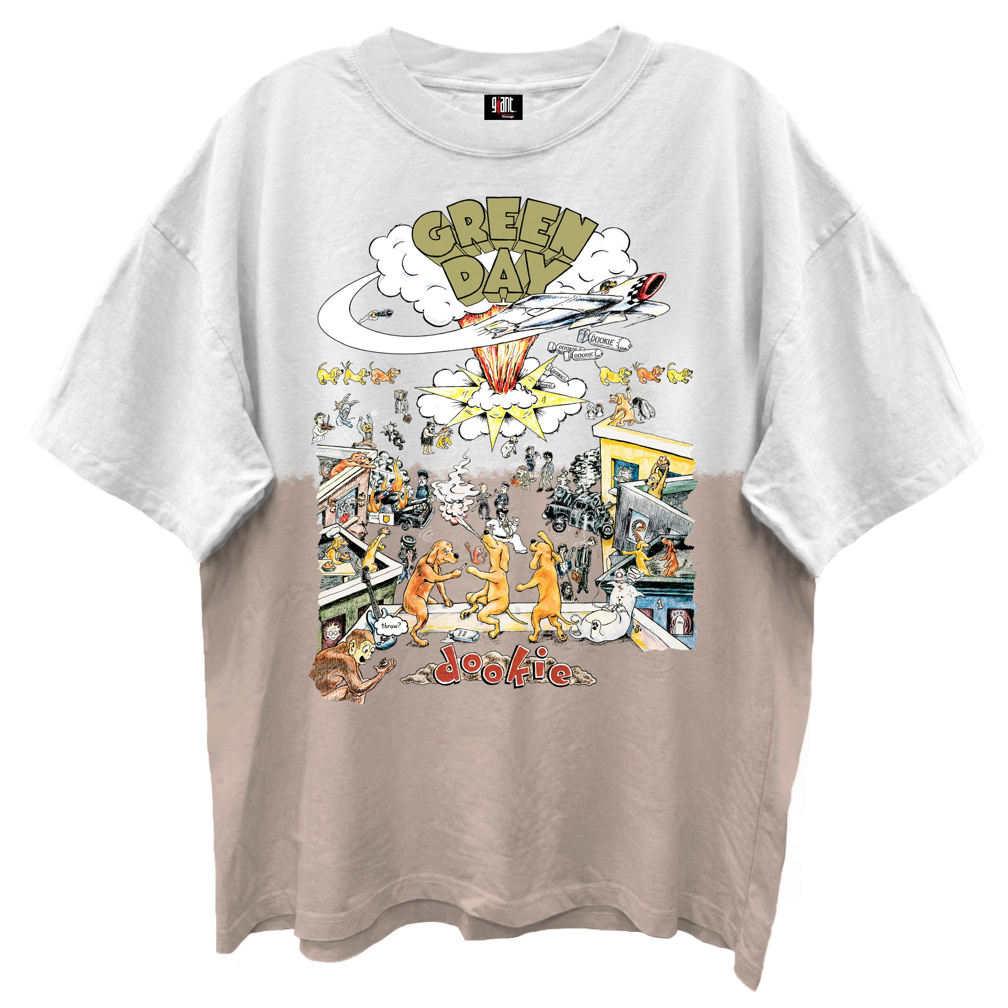 GREEN DAY DOOKIE ALBUM COVER WHITE/SAND DIP DYE WASH T-SHIRT/GIANT VIN